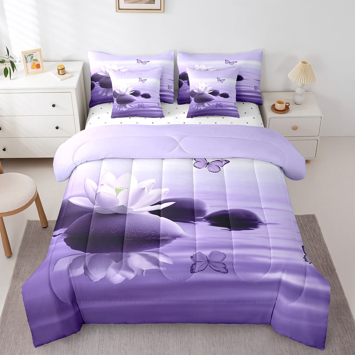 7 Pieces Lotus Water Lily Floral Bedding Set Twin Comforter Set,Dreamy ...