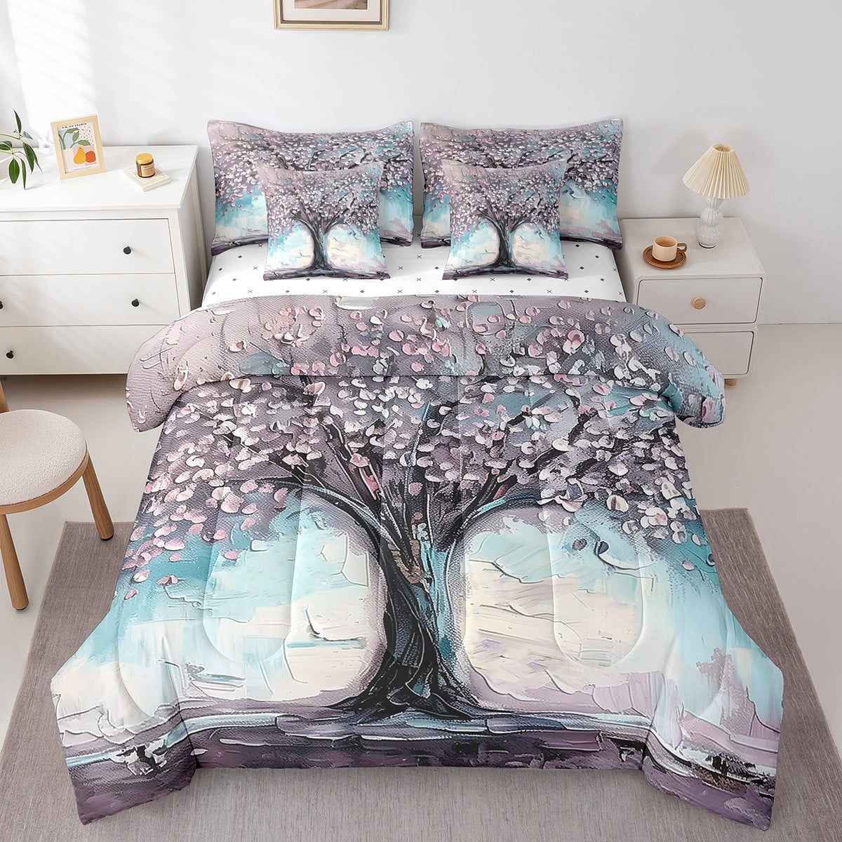 7 Pieces Magical Tree of Life Bedding Comforter Sets Girly Pink Blue ...