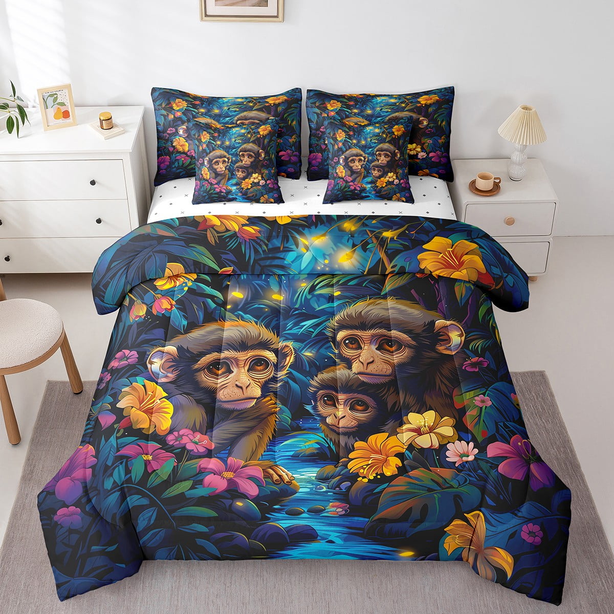 7 Pieces Monkey Comforter Set King Size 3D Animal In Tropical Forest ...