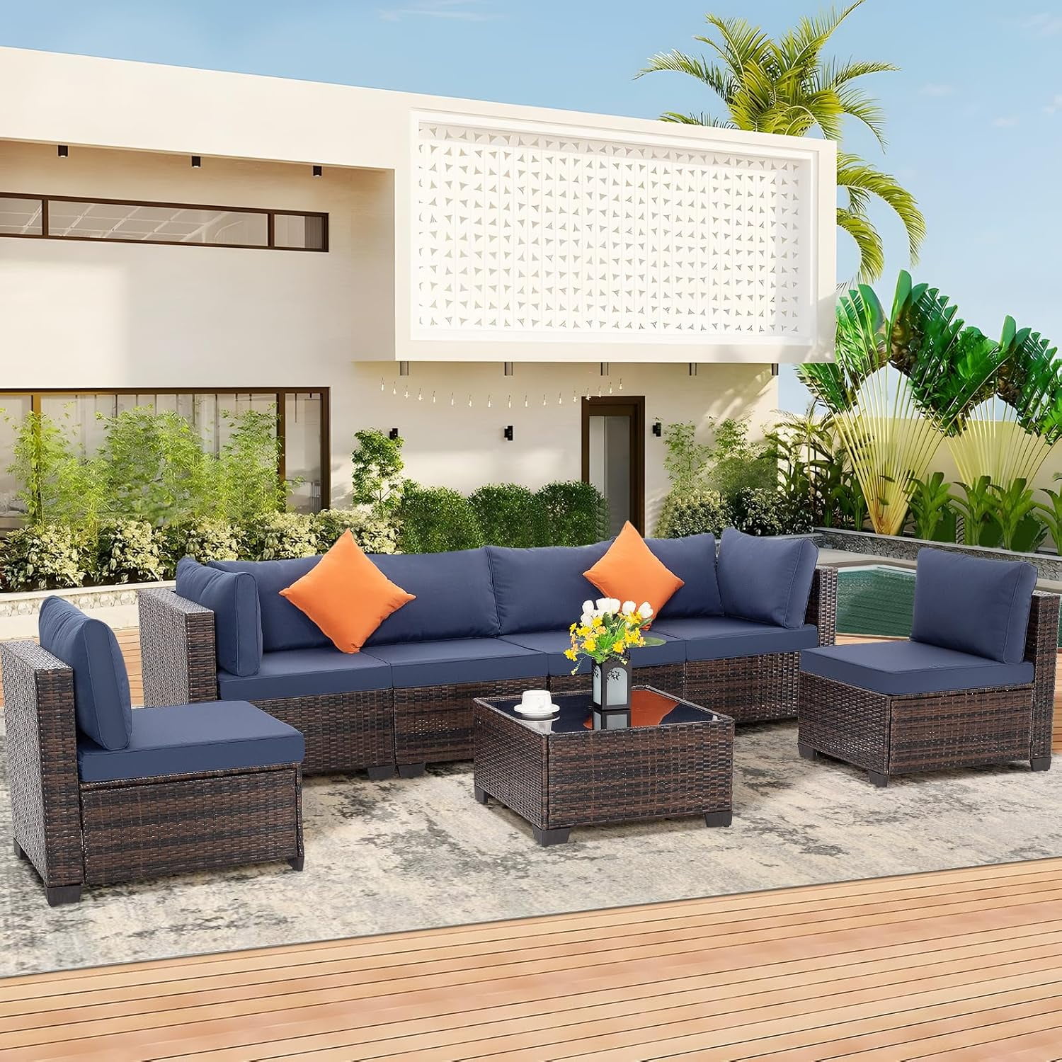 7 Pieces Outdoor Patio Furniture Set, Wicker Sectional Sofa Set Rattan ...