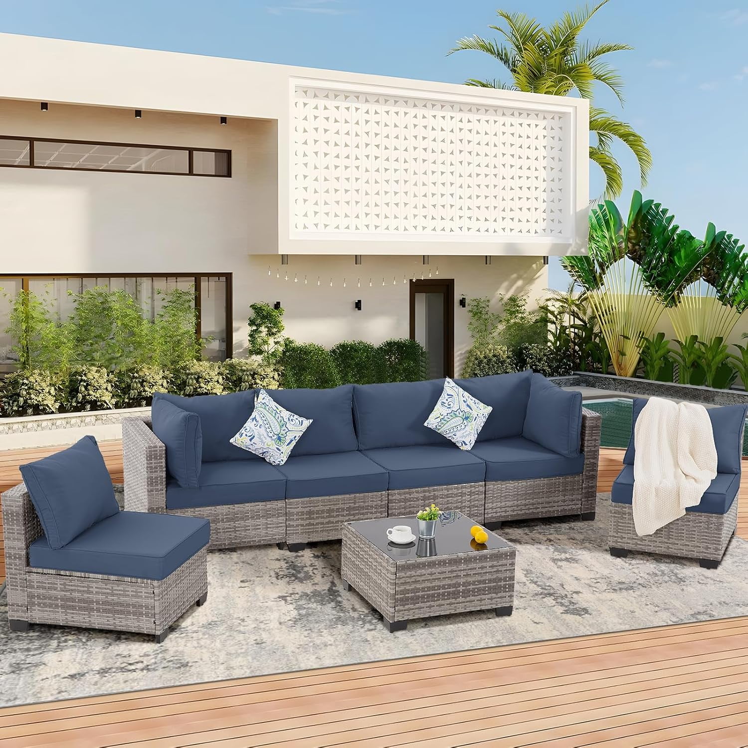 7 Pieces Outdoor Patio Furniture Set, Wicker Sectional Sofa Set Rattan ...