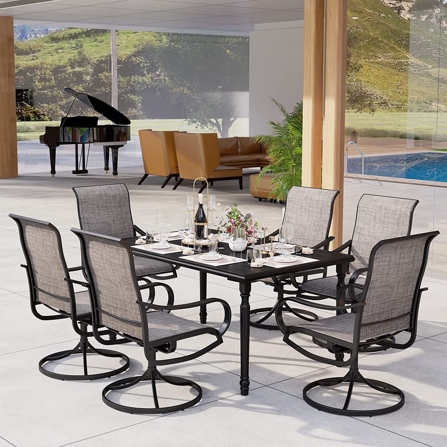 7 Pieces Patio Dining Set Rectangular Expandable Black Metal Table With