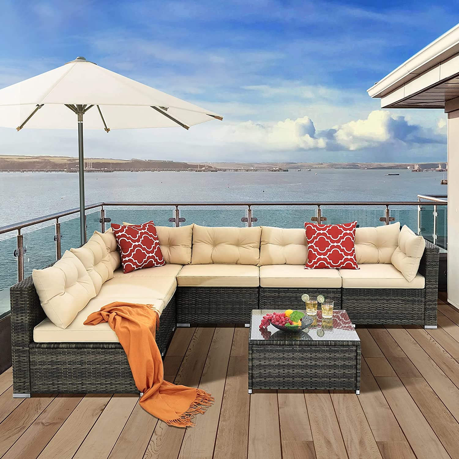 7 Pieces Patio Set All-Weather PE Rattan Outdoor Conversation Set ...
