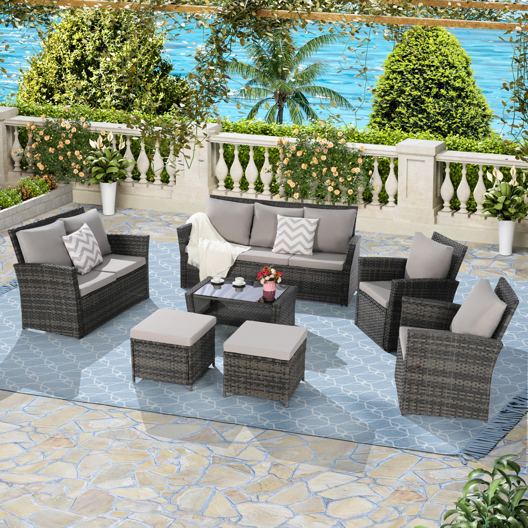 7 Pieces Pe/Rattan Outdoor Furniture Set Patio Furniture Set 9 Seater ...