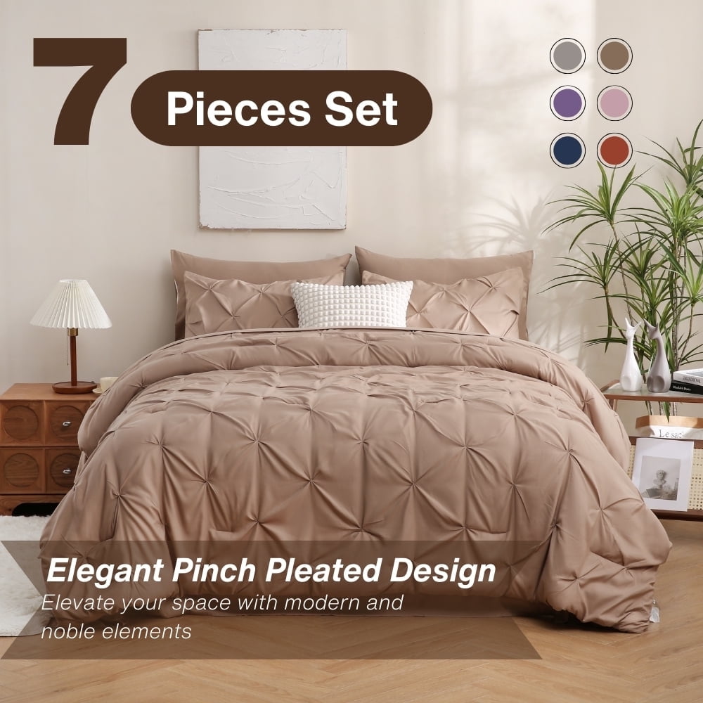 7-Piece Pinch Pleated Comforter Set, Khaki, Full Size, Microfiber ...
