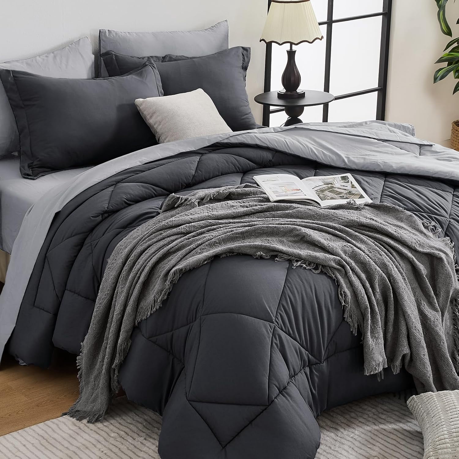 7 Pieces Queen Comforter Set, All Season Reversible Bed in a Bag, Ultra ...
