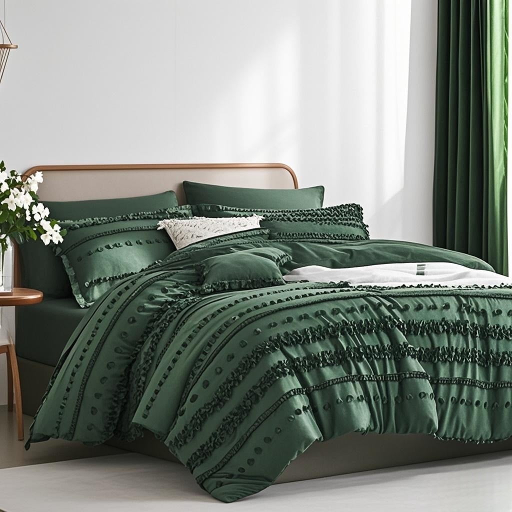 7 Pieces Queen Comforter Set, Dark Green Tufted Boho Shabby Chic Bed in ...
