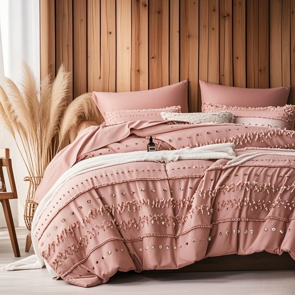 7 Pieces Queen Comforter Set, Pink Tufted Boho Shabby Chic Bed in a Bag ...