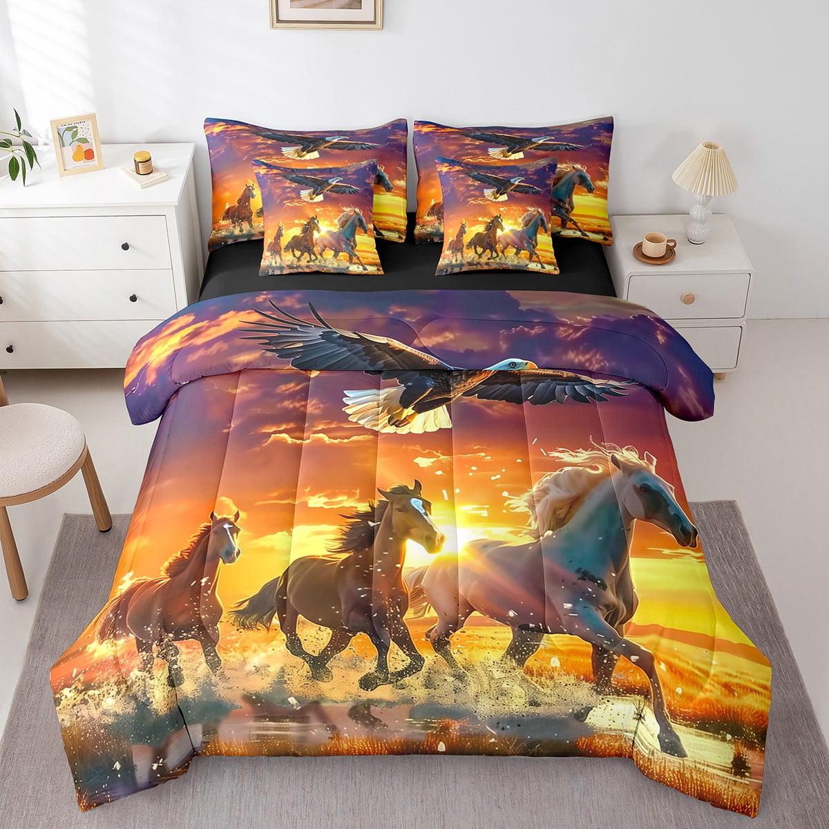 7 Pieces Queen Size Galloping Horse Comforter Set,Flying Eagle Sunset ...
