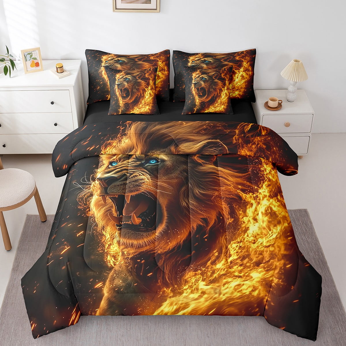 7 Pieces Queen Size Lion Comforter Set,Burning Fire African Animal ...