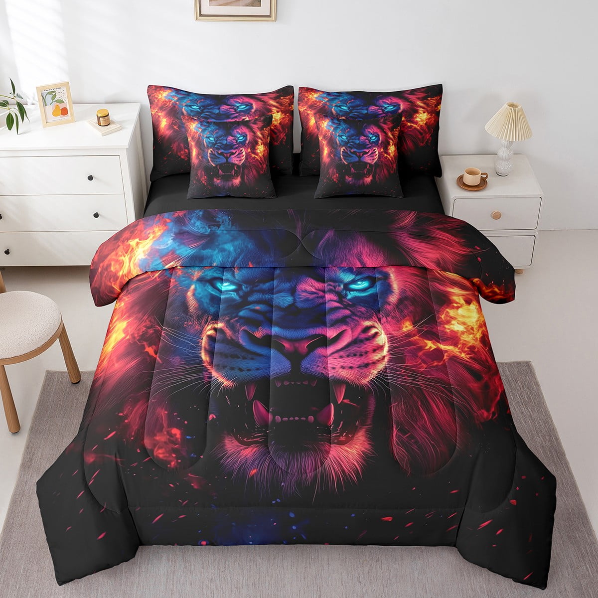 7 Pieces Queen Size Lion Comforter Set,Burning Fire Neon Light Bedding ...