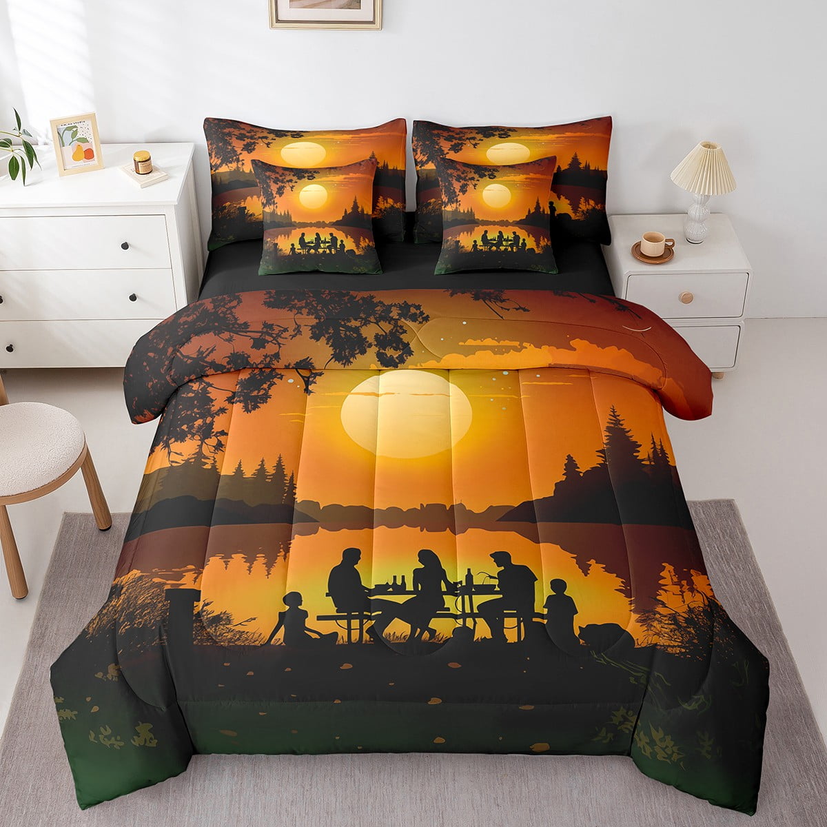 7 Pieces Sunset Bedding Set Twin Size Comforter Set,Happy Camping Bed in a Bag,Family Camper ...