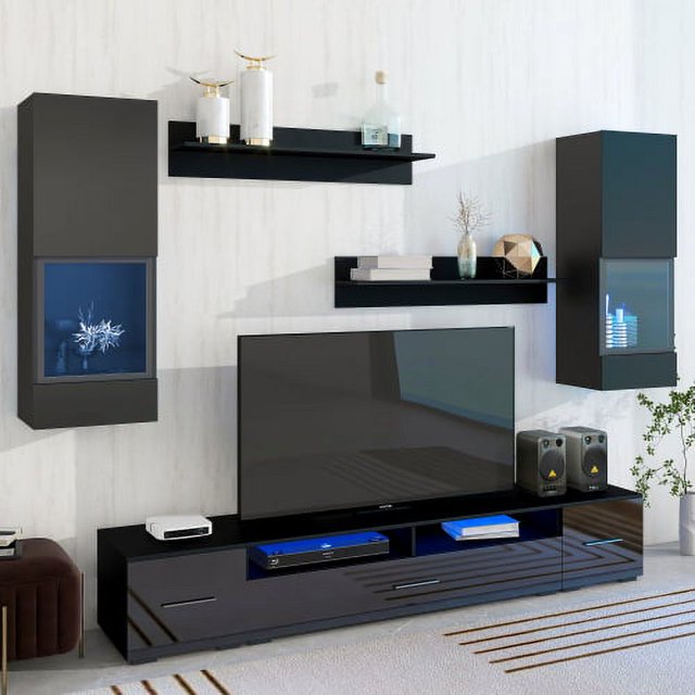 7-Piece Minimalist Style Floating TV Stand Set with 16-Color LEDs ...