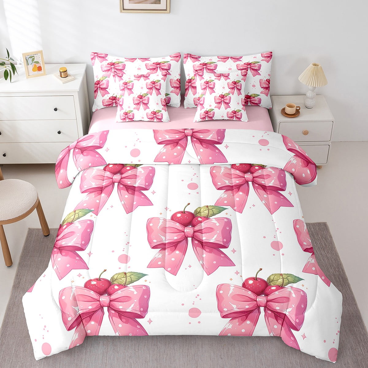 7 Pieces Twin Size Cartoon Bow Comforter Set,Sweet Cherry Fruit Bedding ...