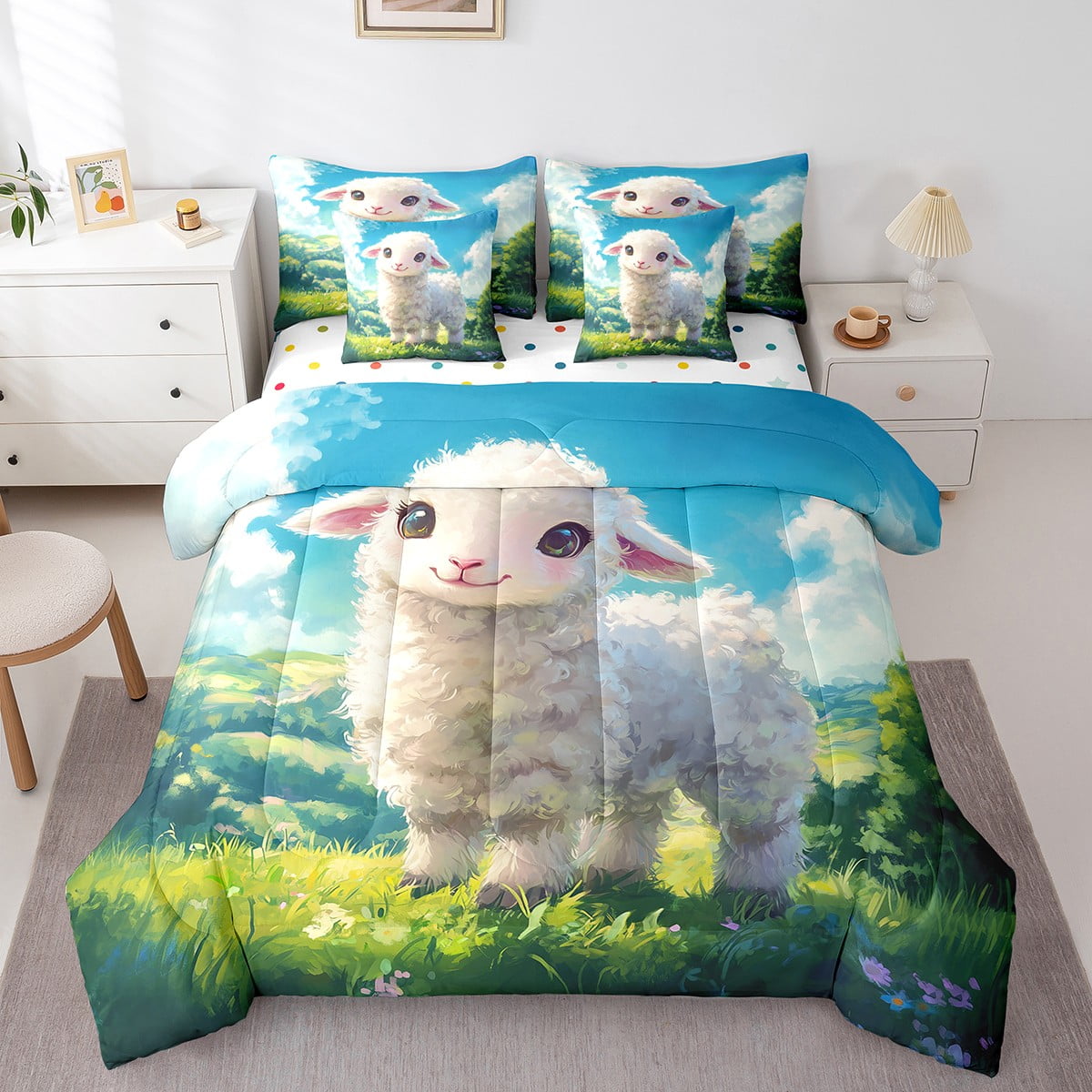 7 Pieces Twin Size Cartoon Sheep Comforter Set,Mountain Natural Scenery ...