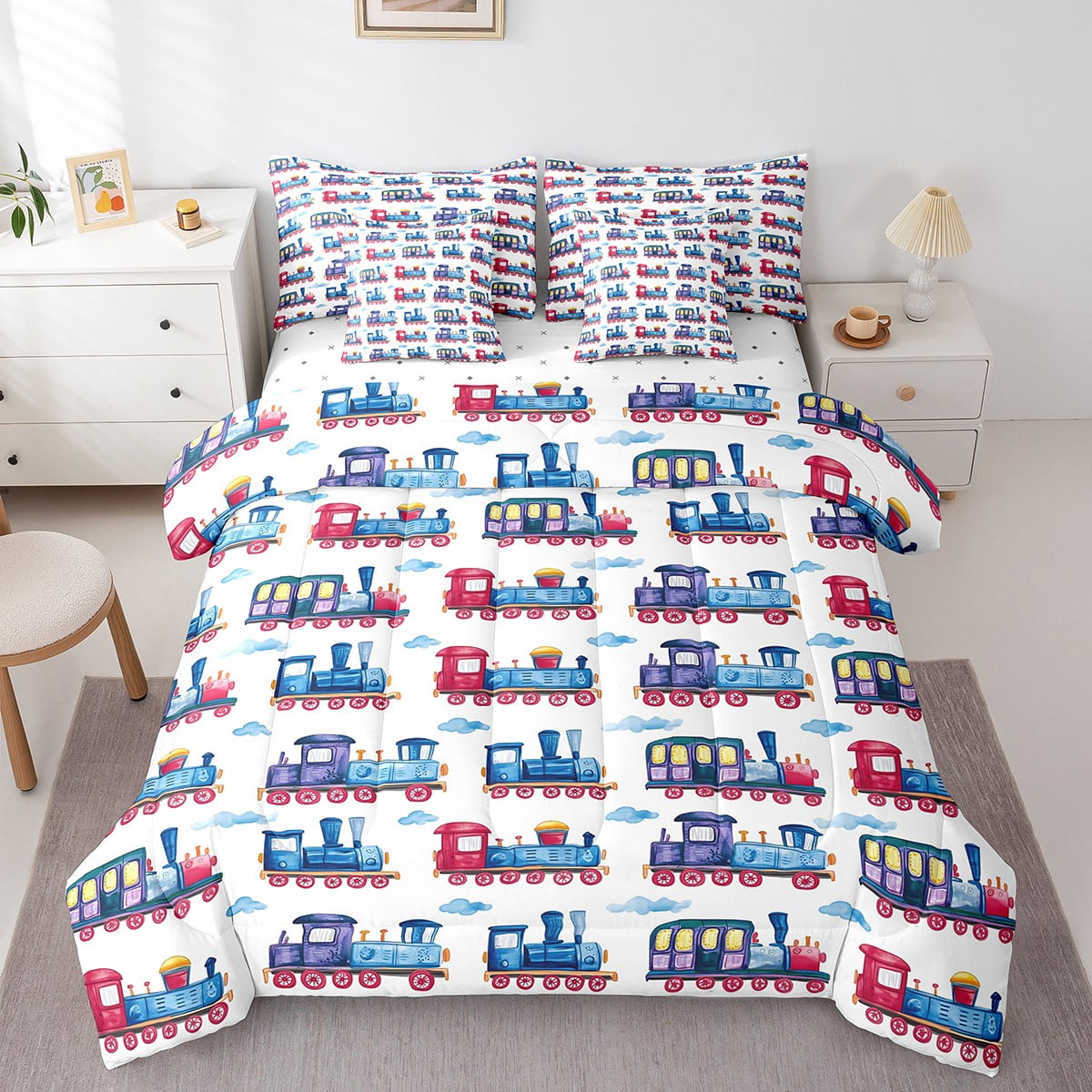 7 Pieces Twin Size Cartoon Train Comforter Set,Steam Locomotive Engine ...