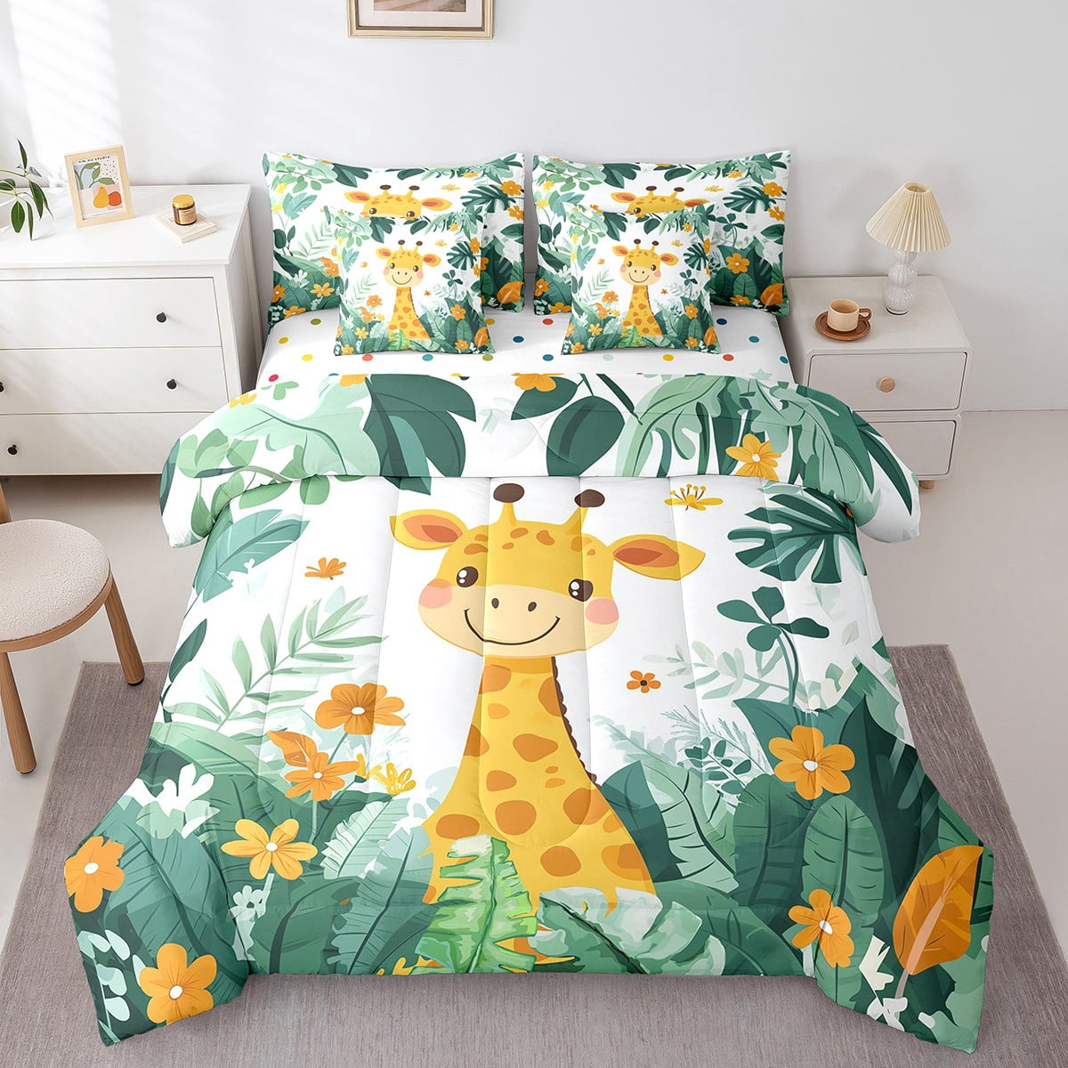 7 Pieces Twin Size Giraffe Comforter Set,Cartoon Jungle Animal Bedding ...