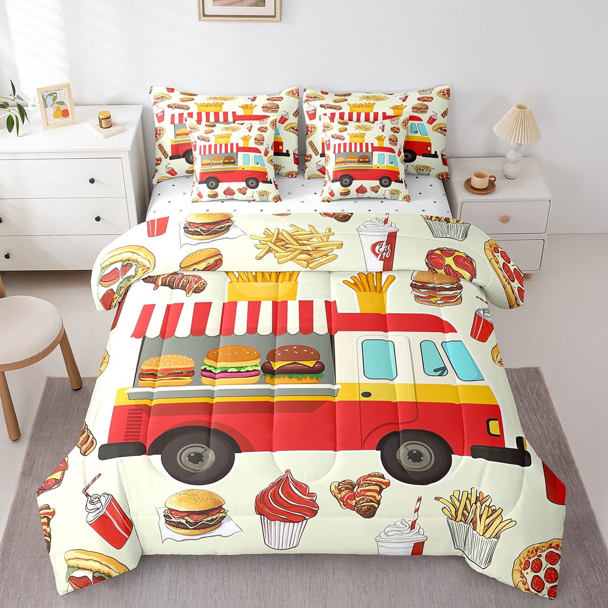 7 Pieces Twin Size Hamburger Truck Comforter Set,Pizza French Fries ...