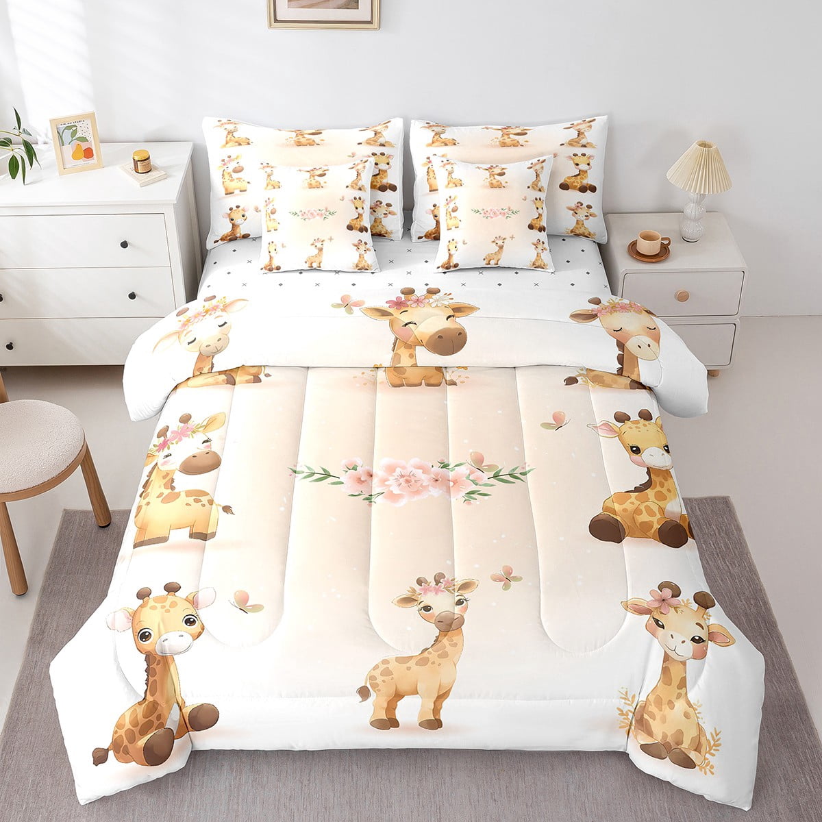 7 Pieces Twin Size Kawaii Giraffe Comforter Set,Peach Blossom Flowers ...