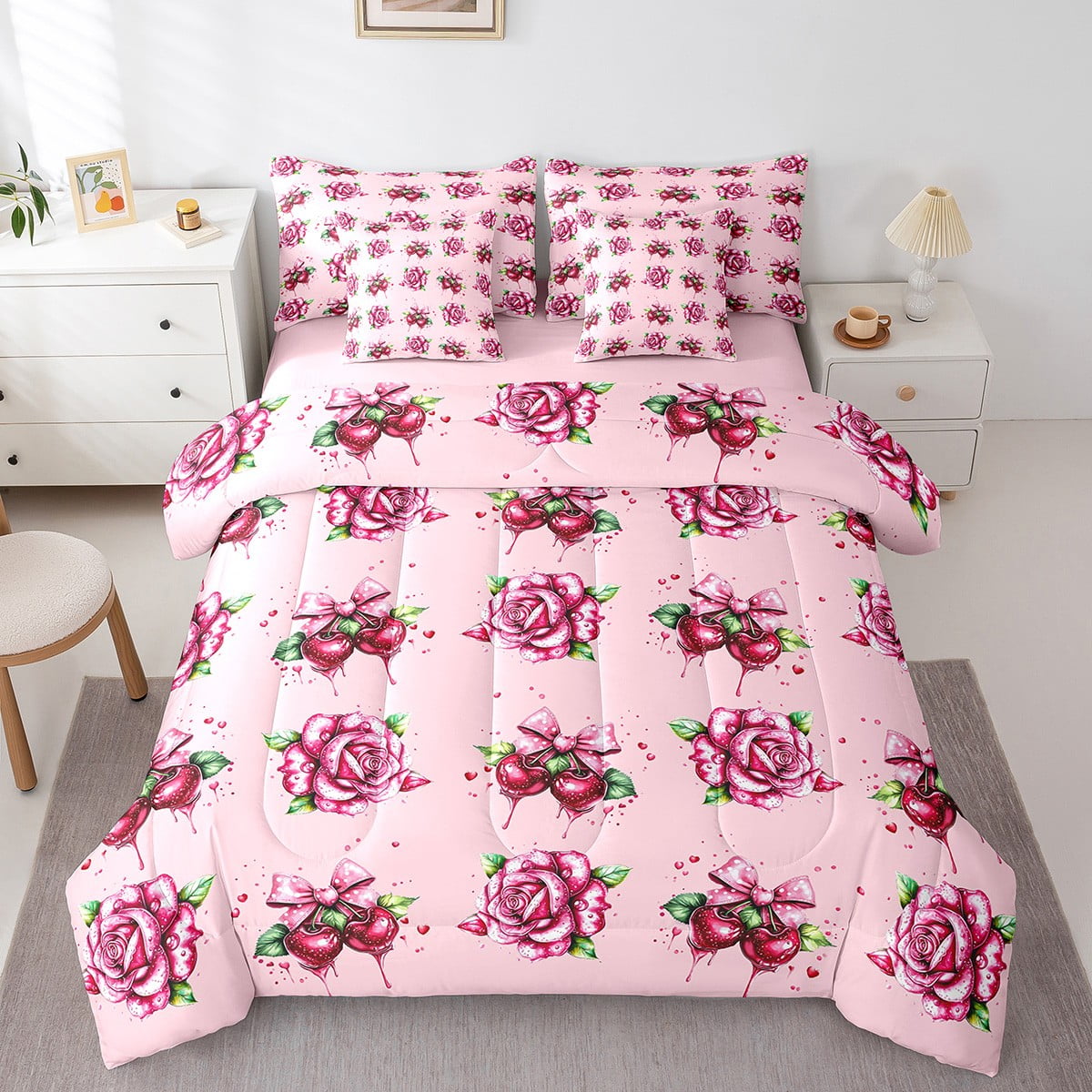 7 Pieces Twin Size Pink Bowknot Comforter Set,Tropical Cherry Roses ...