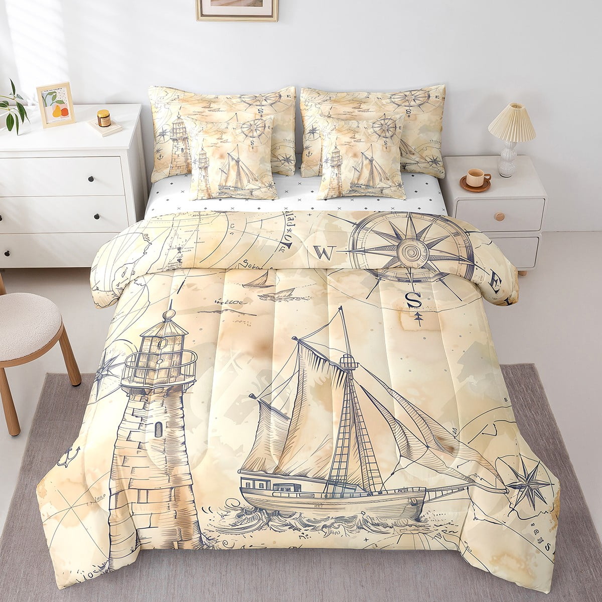 7 Pieces Vintage Nautical Bedding King Size Retro Compass Lighthouse ...