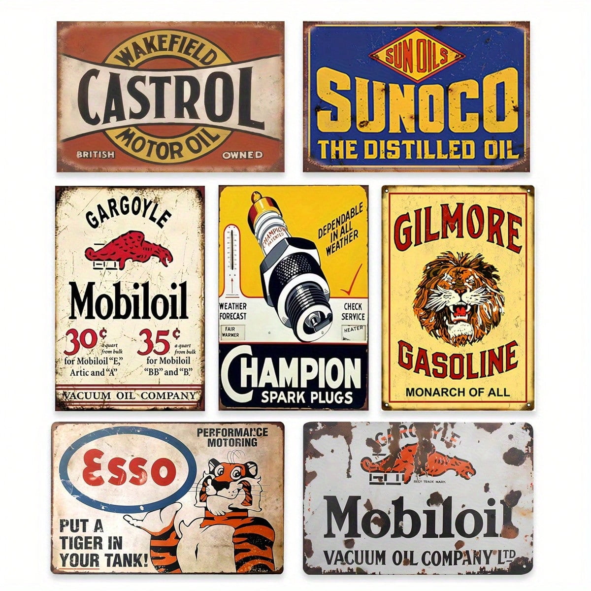 7 Pieces Vintage Tin Signs Gas Oil Metal Signs Home Kitchen Man Cave ...