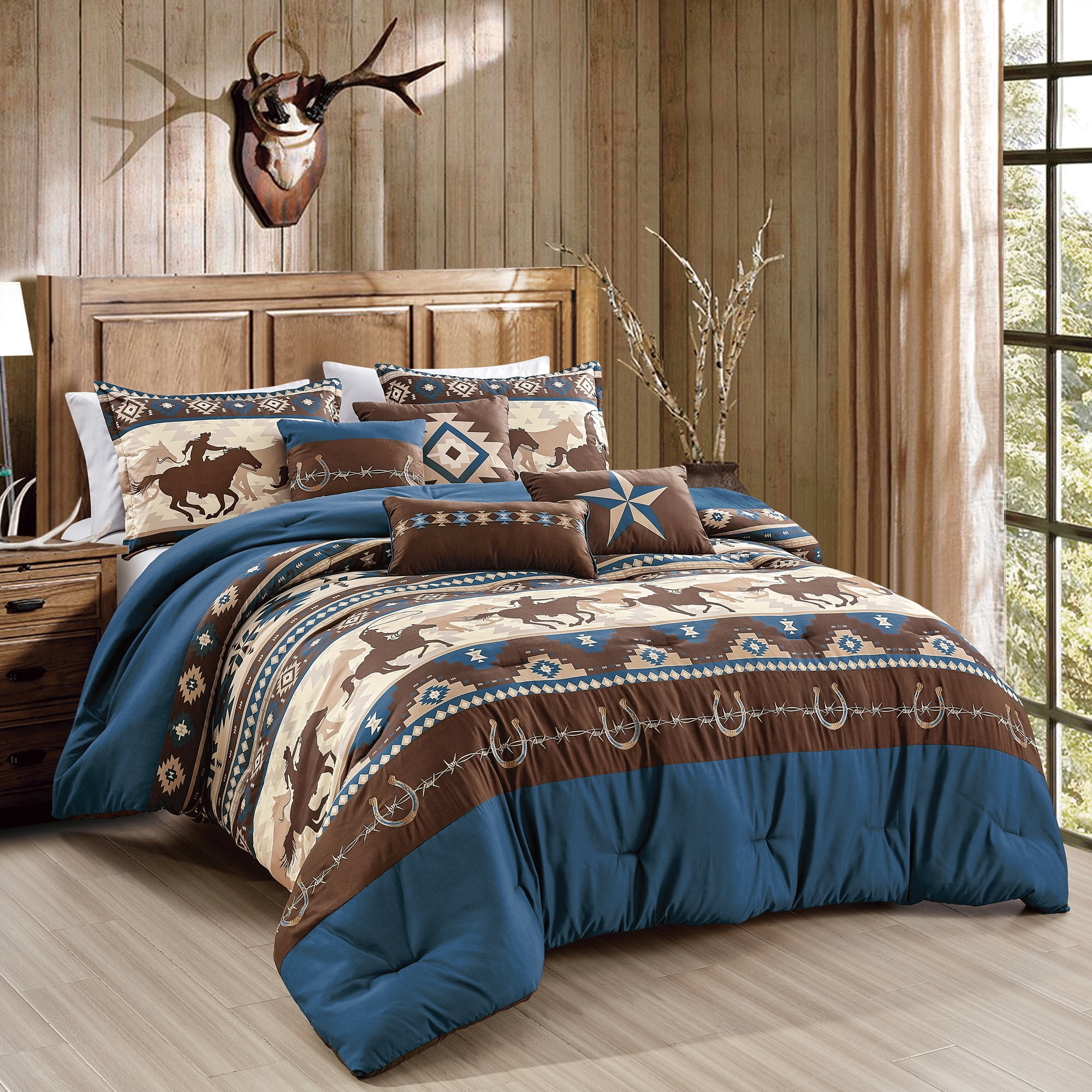 7-Pieces Western Cowboy Comforter Set Queen Size Magna Rustic Brown and ...