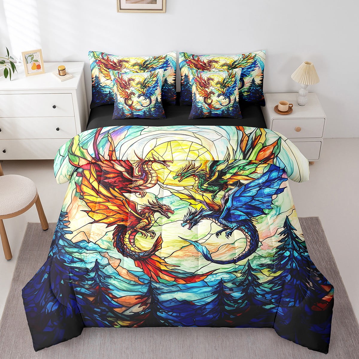 7 Pieces Western Dragon Men Comforter King,Flying Dragon Wing Pine ...