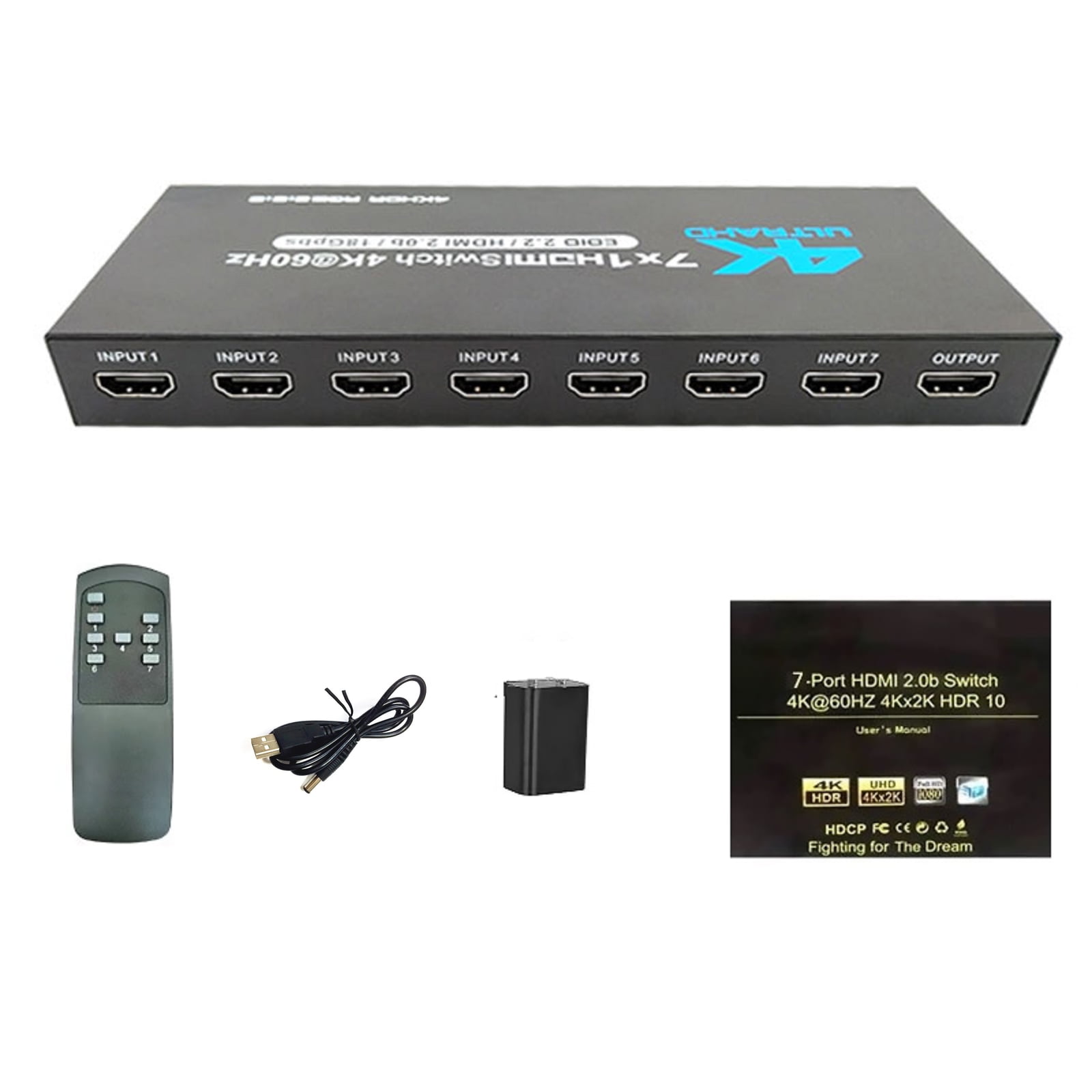 7 Port HDMI Switch 4K@60Hz Remote Control Operation, Auto-Switching for ...