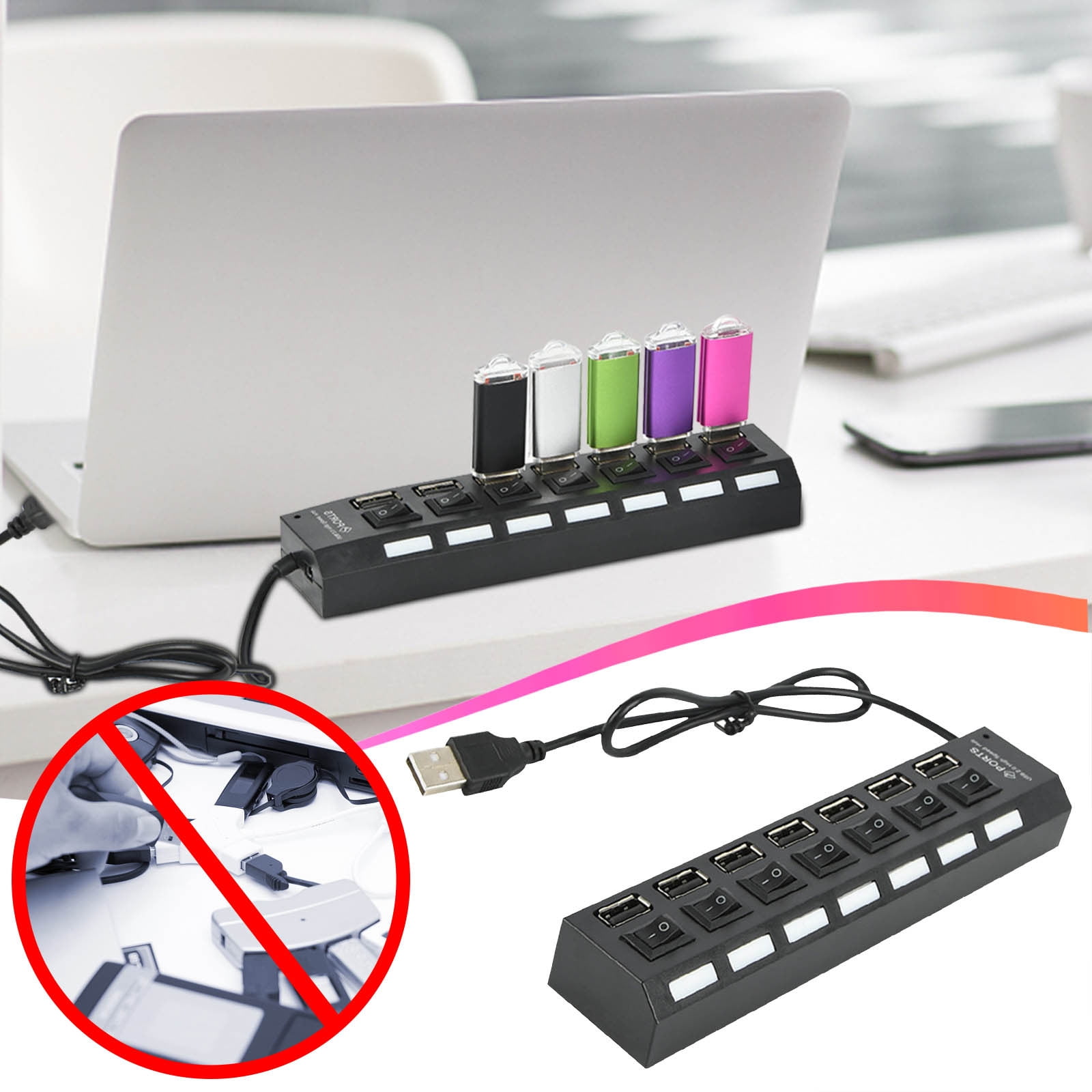 7 Port USB 2.0 Hub with Individual On/Off Switches, USB Port Expander ...