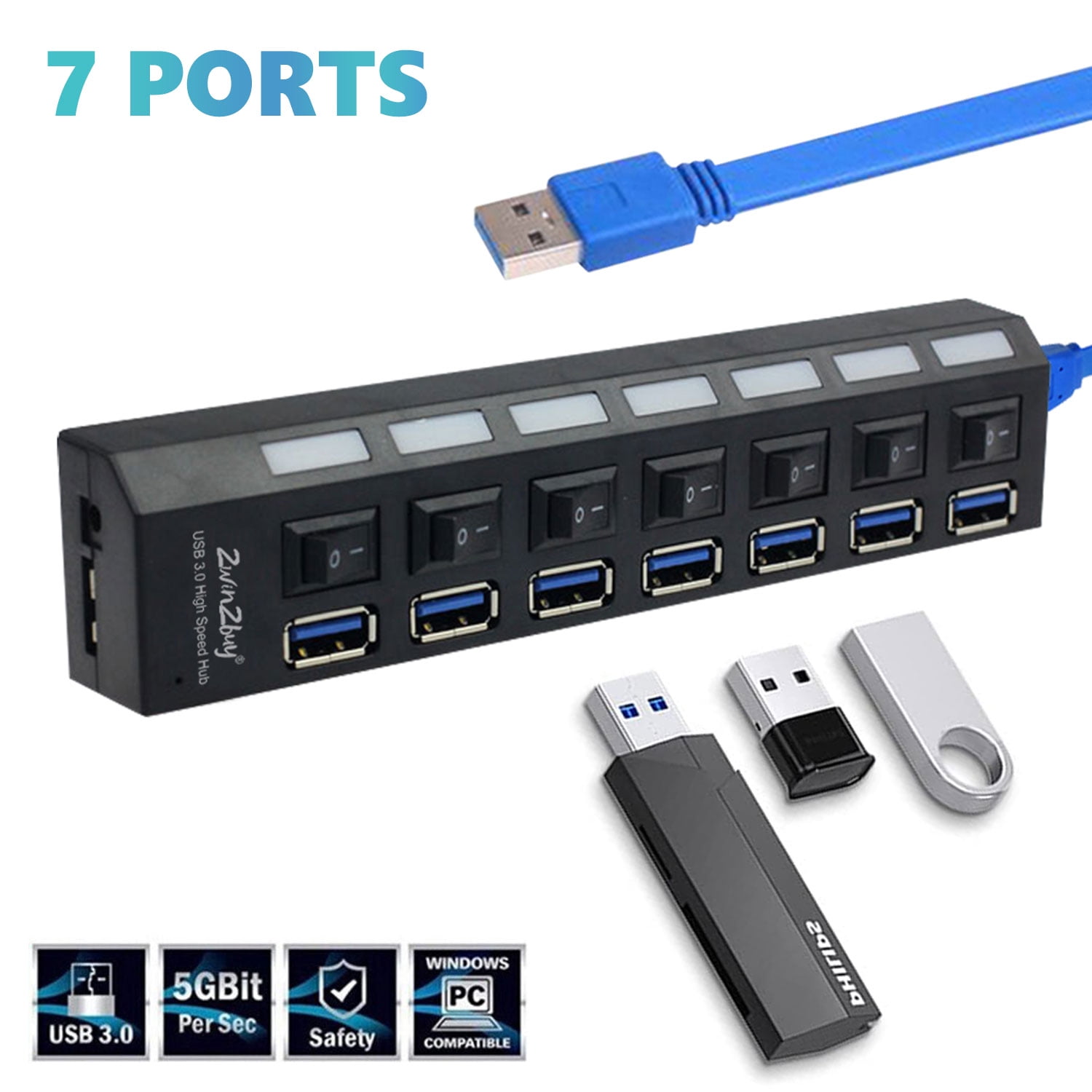 7 Port USB Hub 3.0, USB Data Hub Splitter with 2.1 ft USB Extension ...