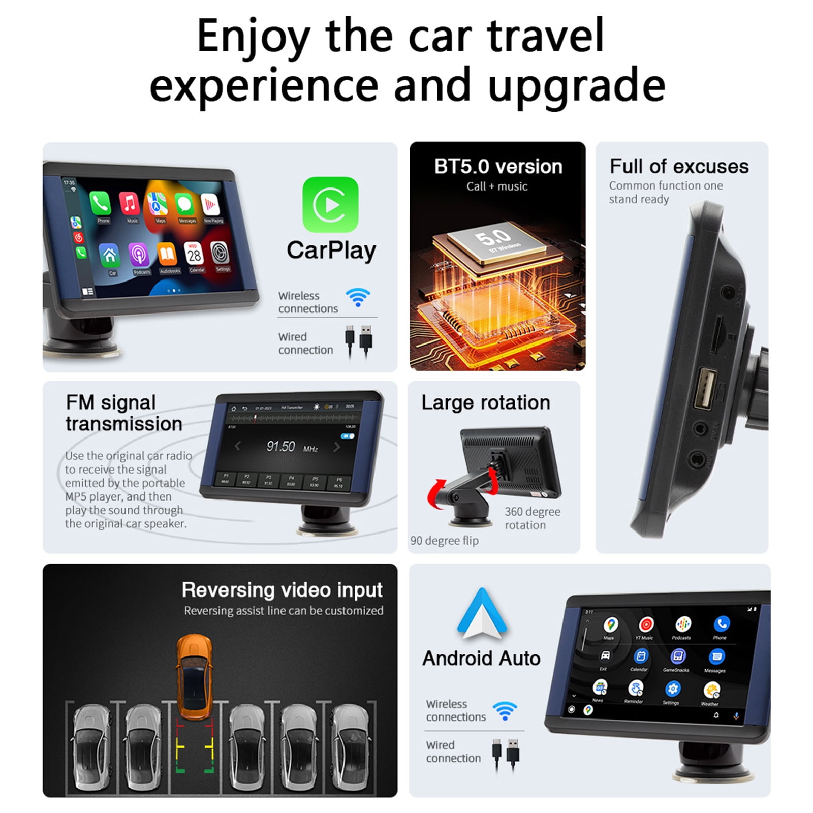 7" Portable Bluetooth Car MP5 Player Car Desktop Monitor Wireless ...