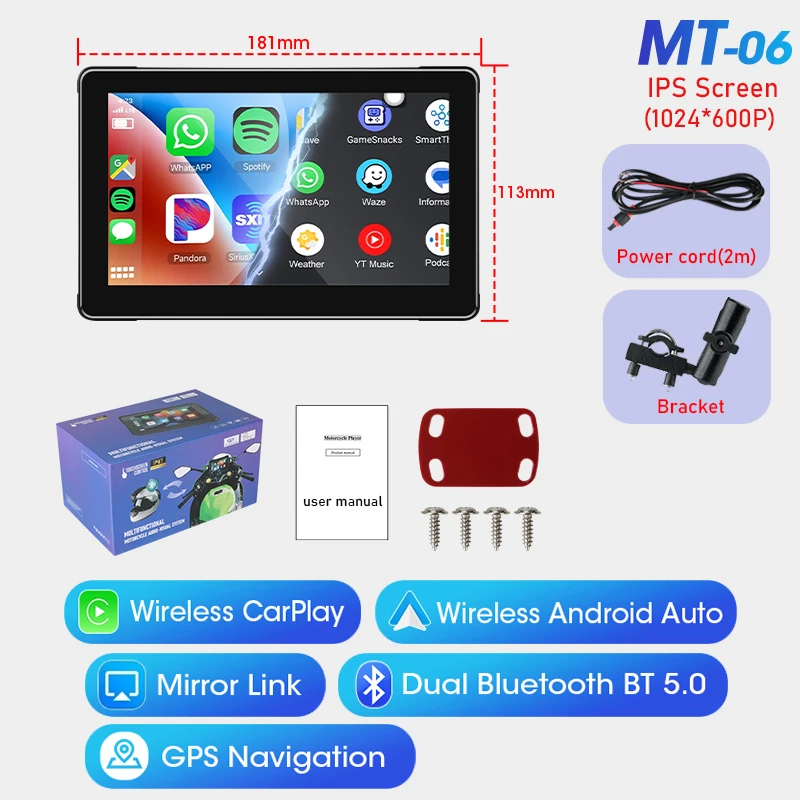 7" Portable Motorcycle DVR Wireless CarPlay Android Auto IPS Touch ...