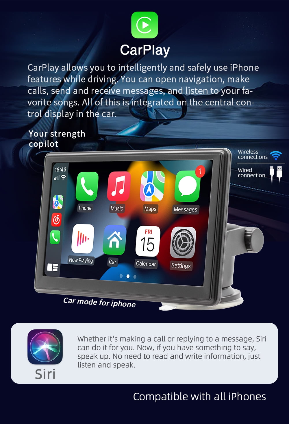 7'' Portable Wireless Apple CarPlay Android Auto Touch Screen Car Radio ...