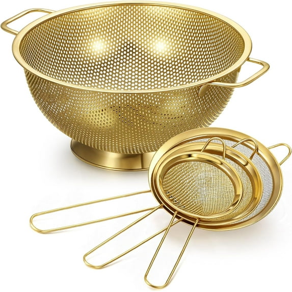 7 Quart Stainless Steel Gold Colander and 3 Pcs Gold Fine Mesh Strainer ...