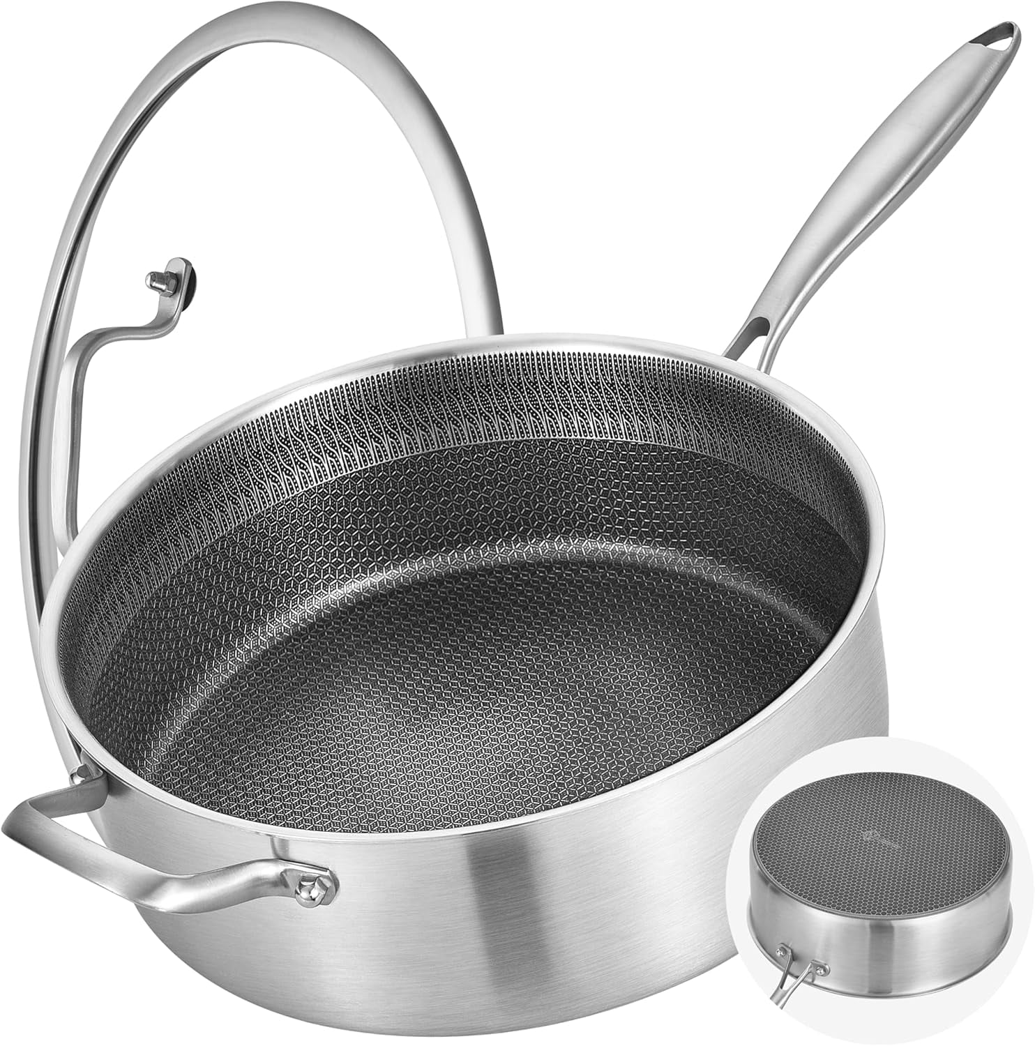 7 Quarts Hybrid Non Stick Tri-Ply Stainless Steel Sauté Pan with Lid,12 ...