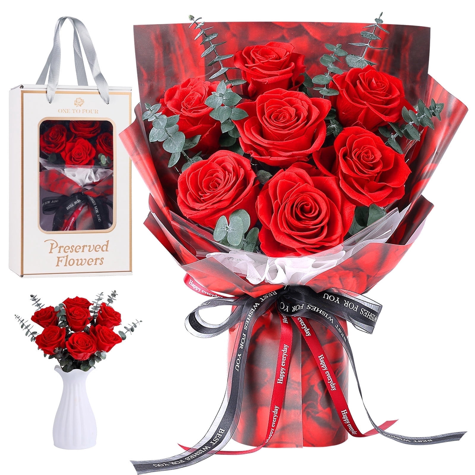 7 Red Preserved Roses Bouquet – Real Long-Lasting Flowers in Gift Box ...
