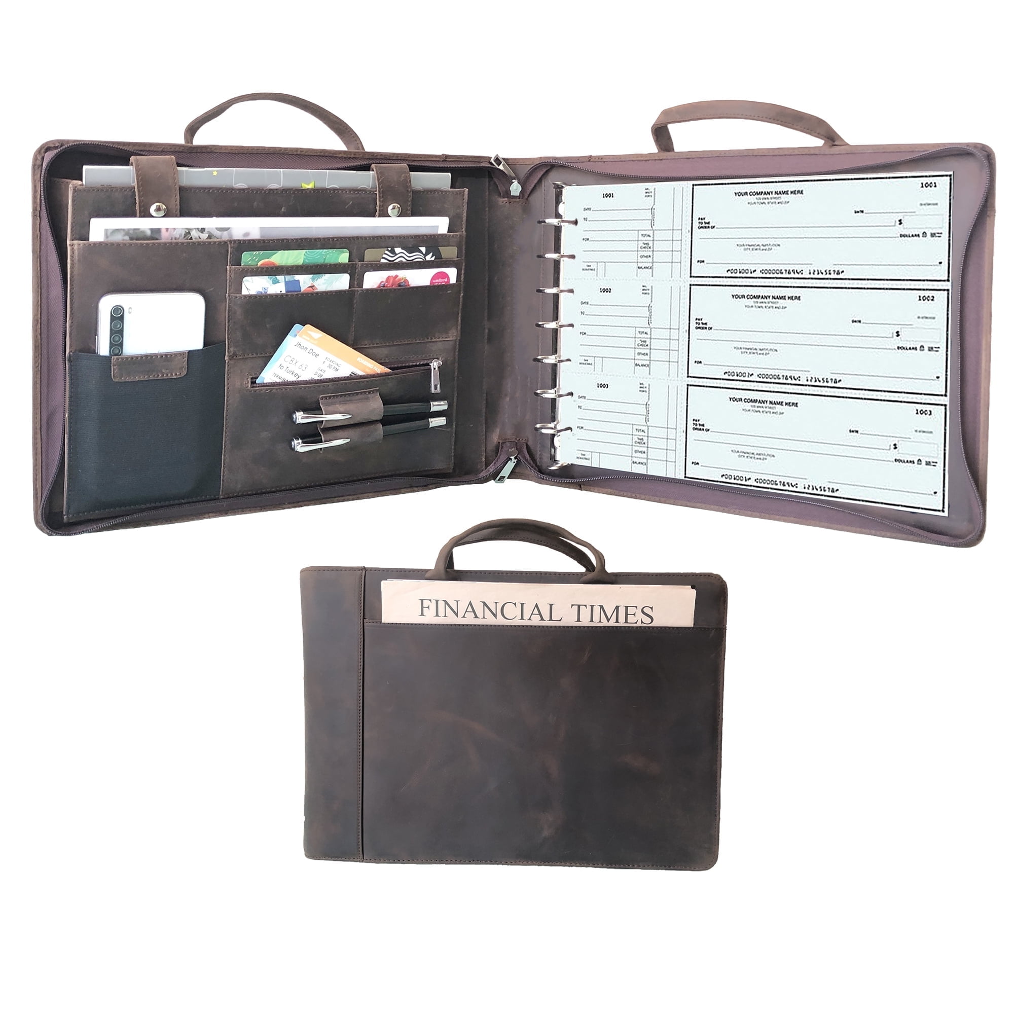 7 Ring Check Binder Cowhide Leather Check Portfolio for 3-Up Business ...