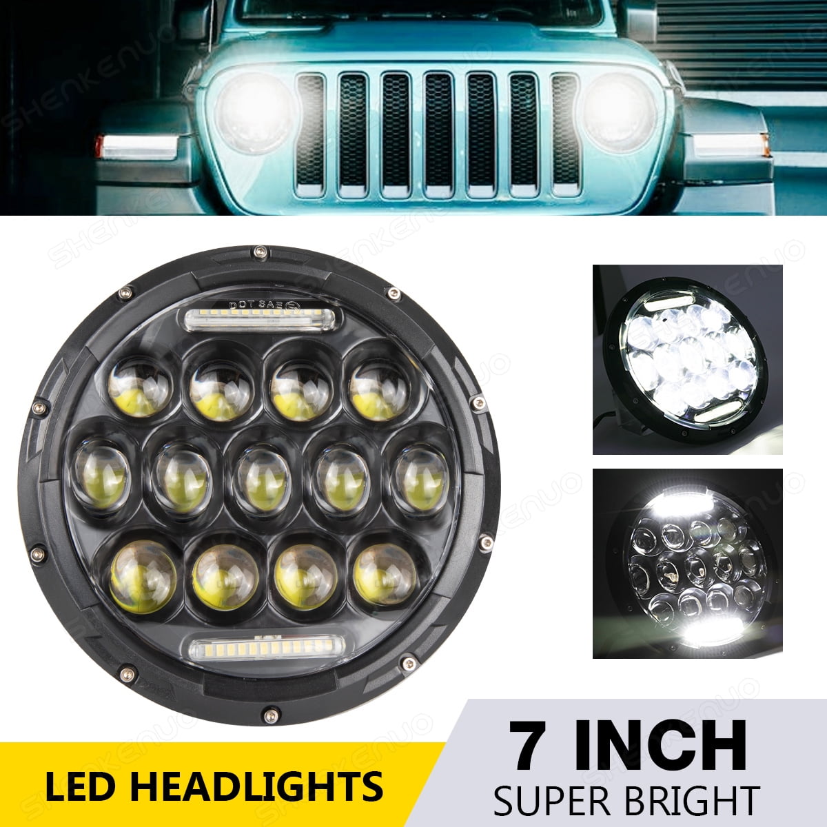 7" Round LED Headlights Hi-Lo Beam DRL Turn Signal For Ford Mustang ...
