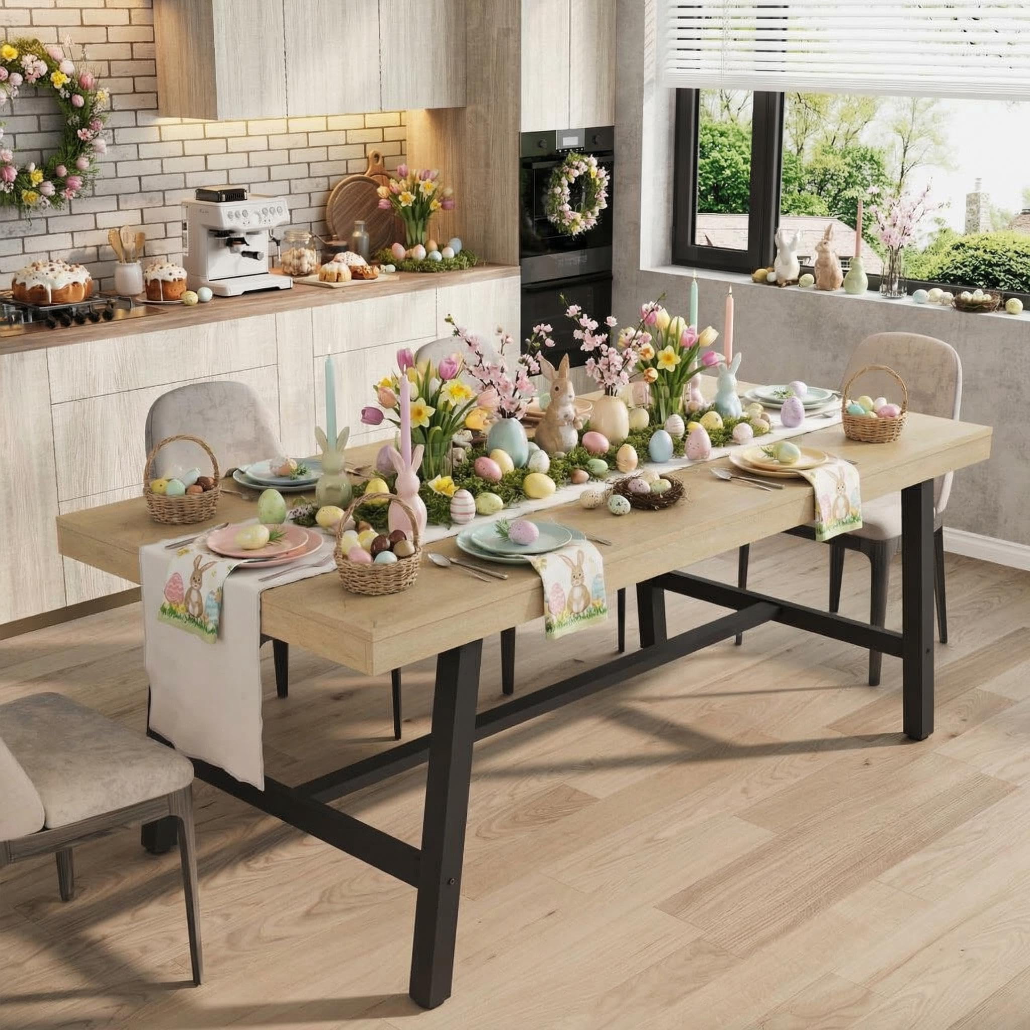 7” Rustic Industrial Dining Table for 6-8, Sturdy Wooden Rectangle ...