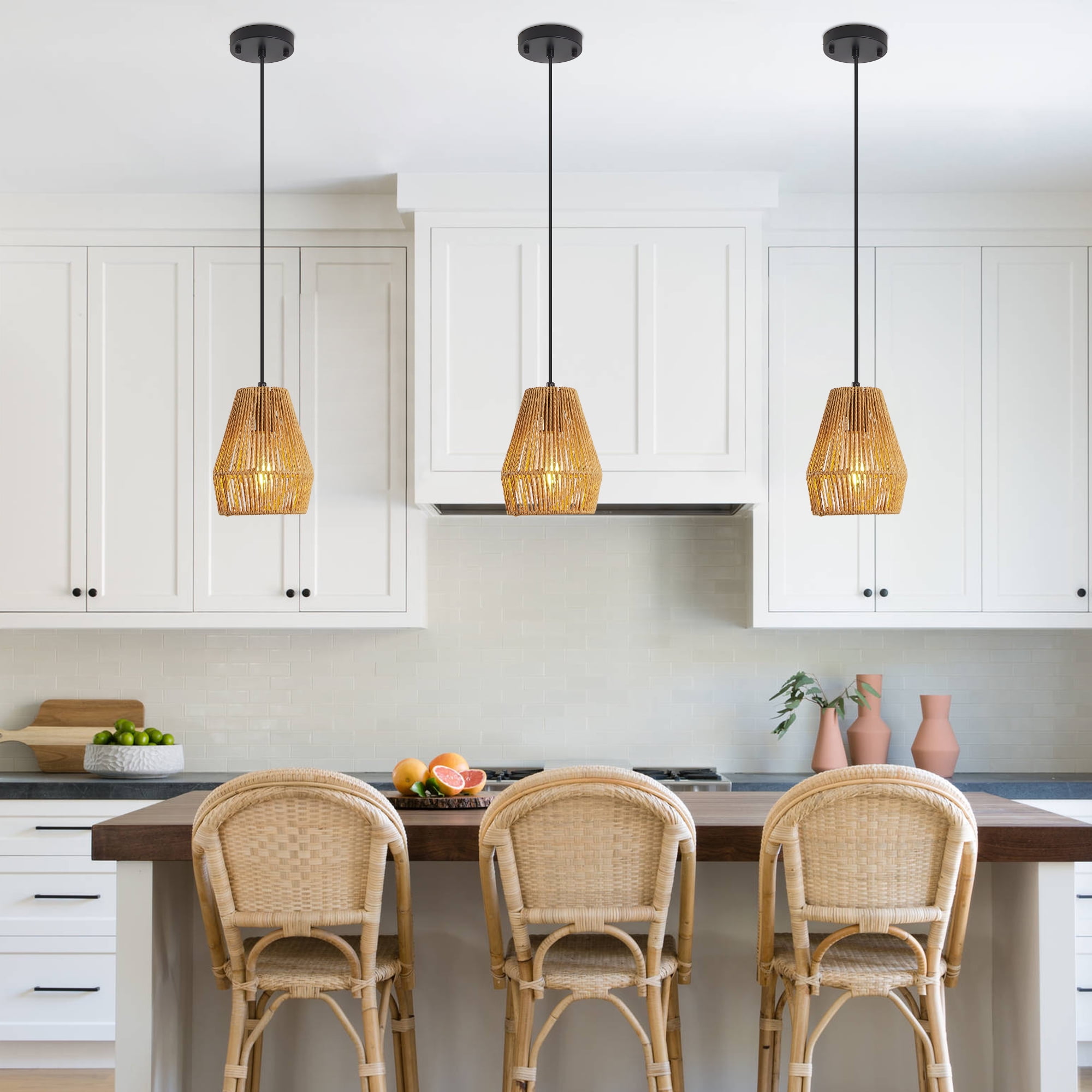 7" Set of 3 Rustic Hemp Rope Pendant Light, Handcrafted Farmhouse ...