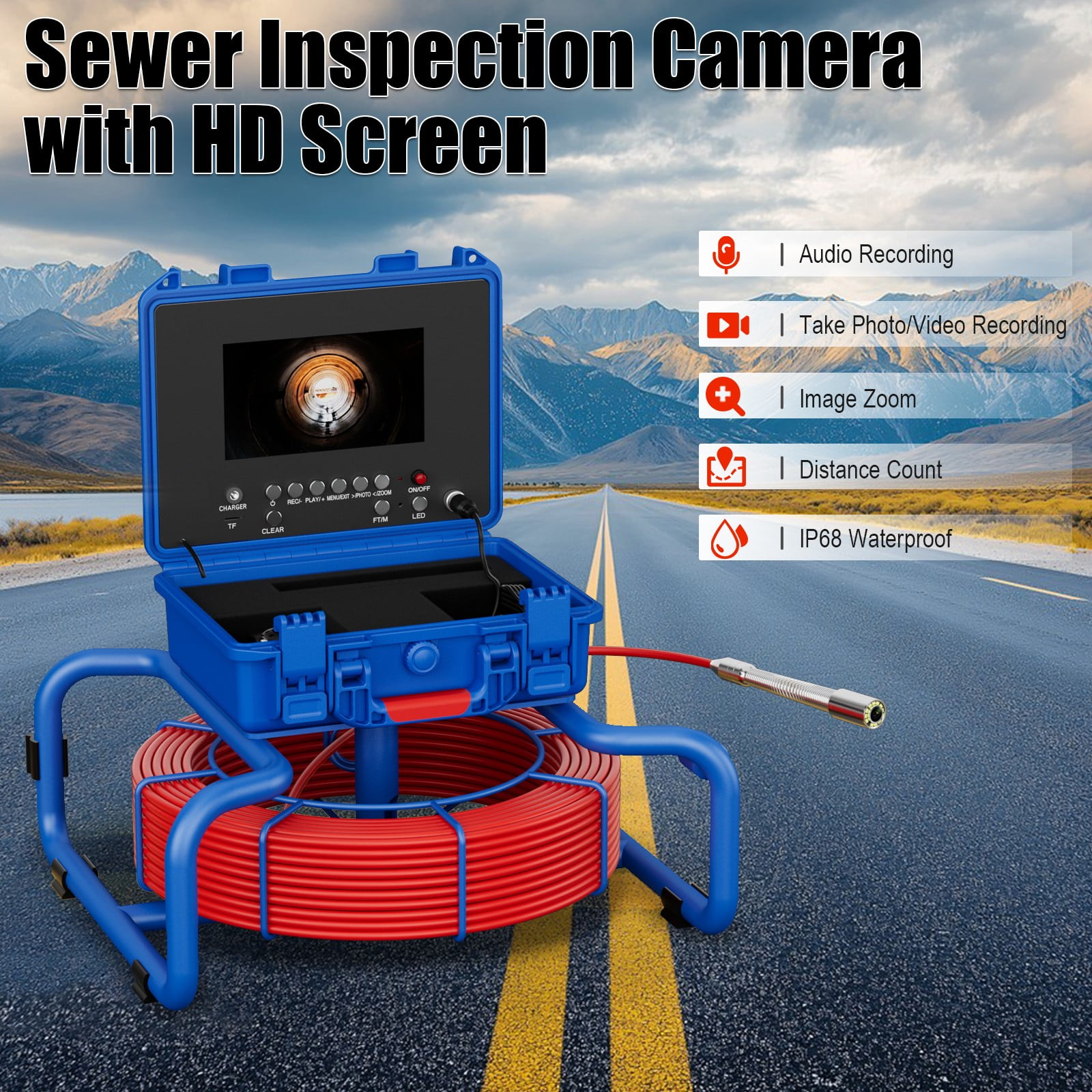 7" Sewer Pipe Inspection Camera AHD Recording Screen, 23mm Stainless ...