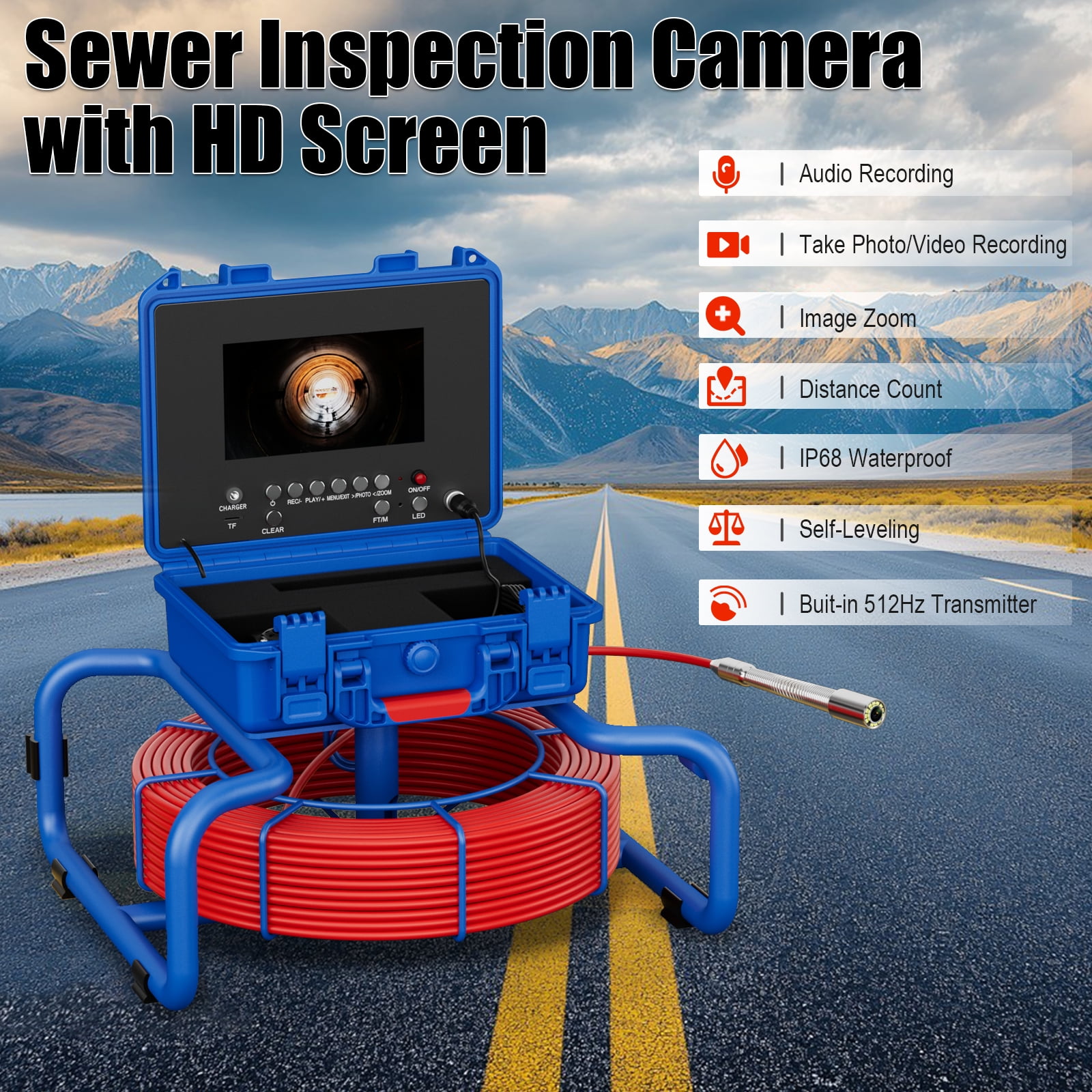 7" Sewer Pipe Inspection Video Camera AHD Rec Screen, 23mm Probe, 512Hz ...