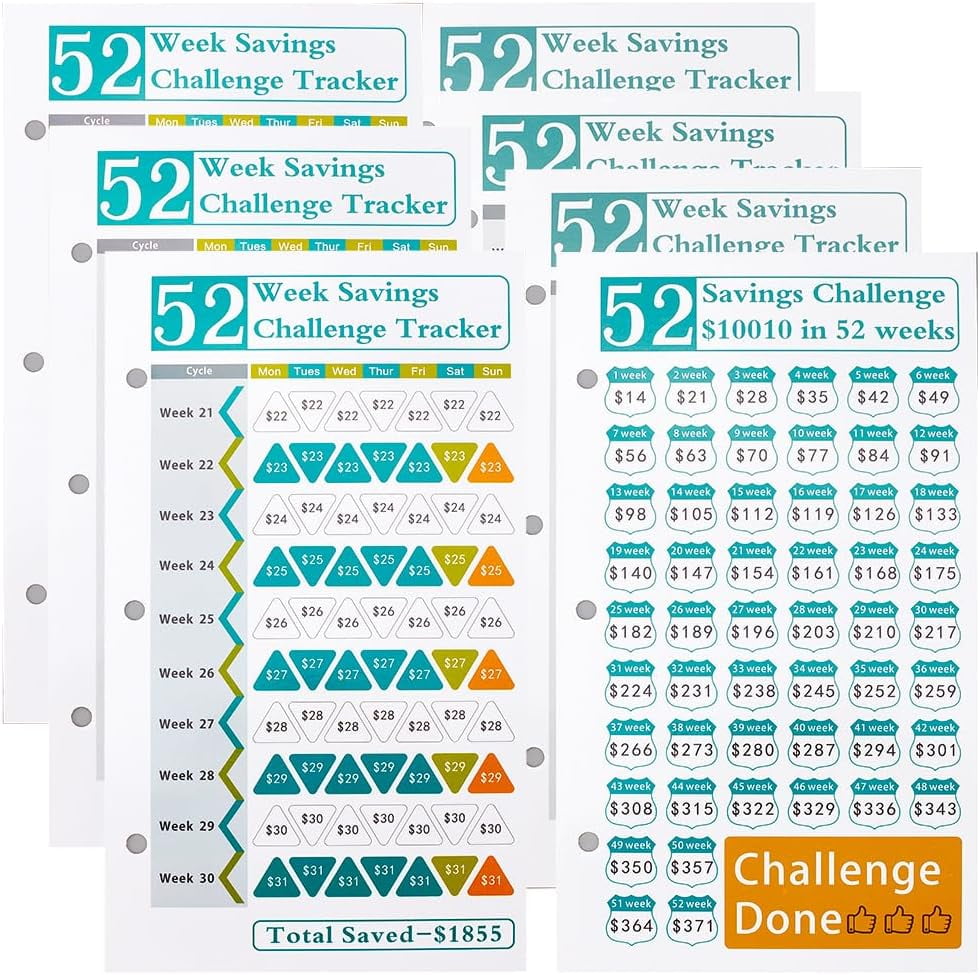 7 Sheets 52-Week Savings Chanllenge Tracker Binder Checklist Refills ...