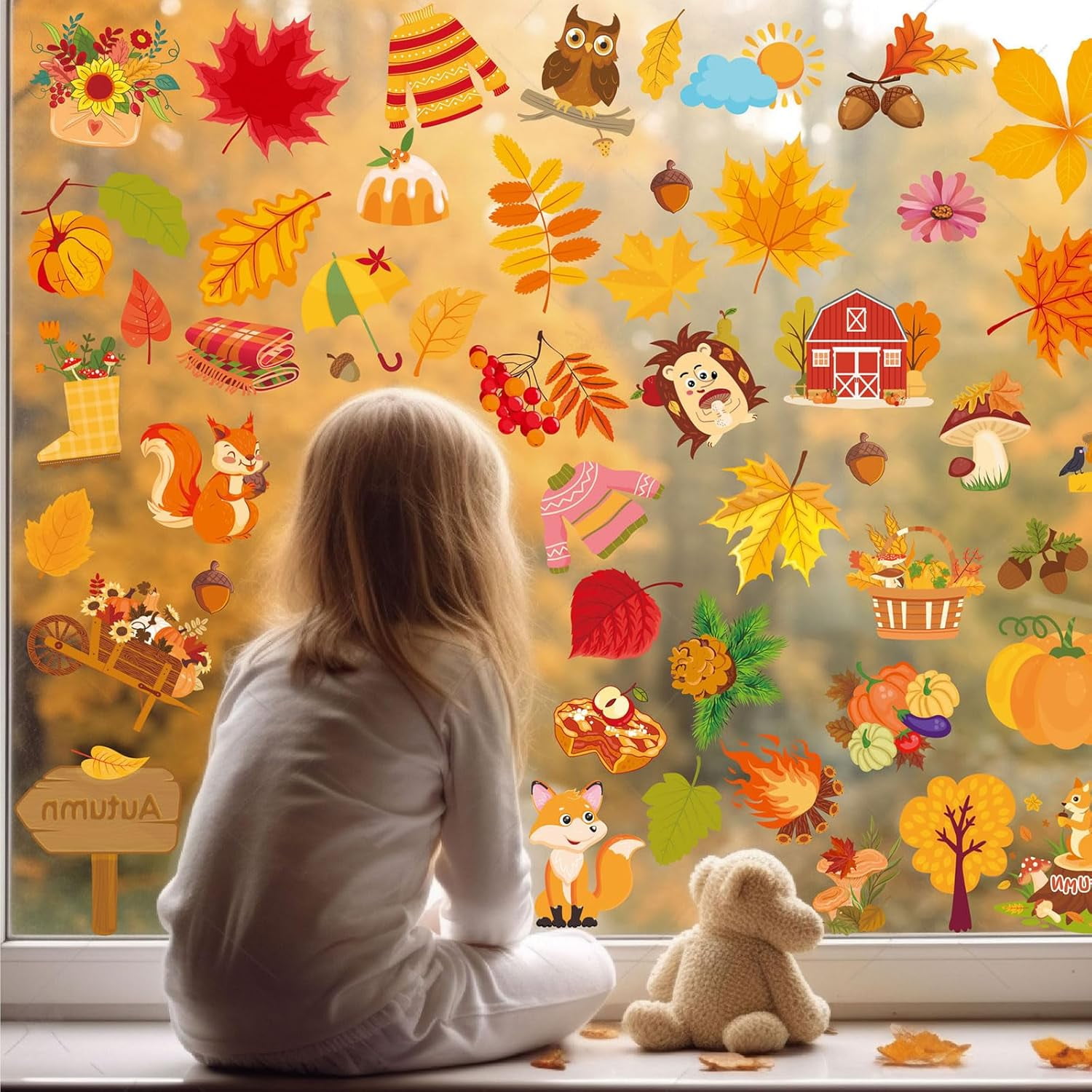 7 Sheets Fall Maple Leaves Window Clings Thanksgiving Day Window ...