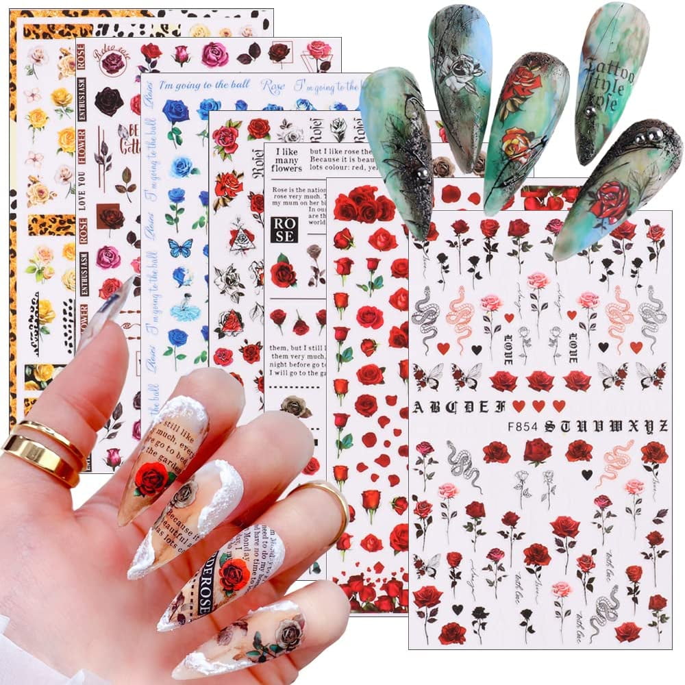 7 Sheets Retro Flowers Nail Art Stickers, 3D Rose Flower Patterns Nail ...