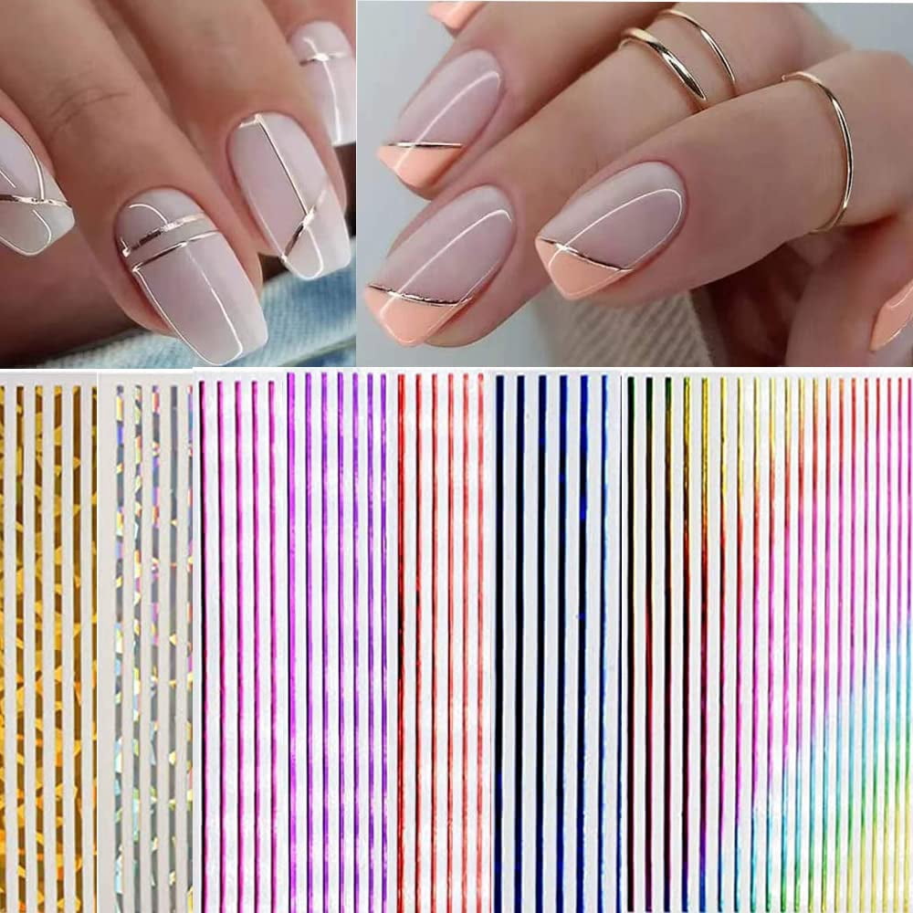 7 Sheets Strip Line Nails Stickers, 3D Metallic Laser Line Gold Silver ...