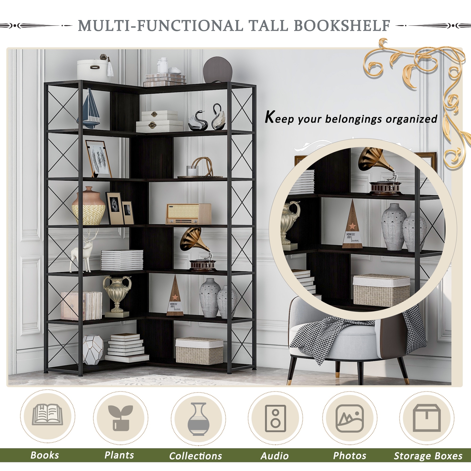 7-Shelf Corner Bookshelf Large Modern Corner Bookcase Metal Frame - 70. ...