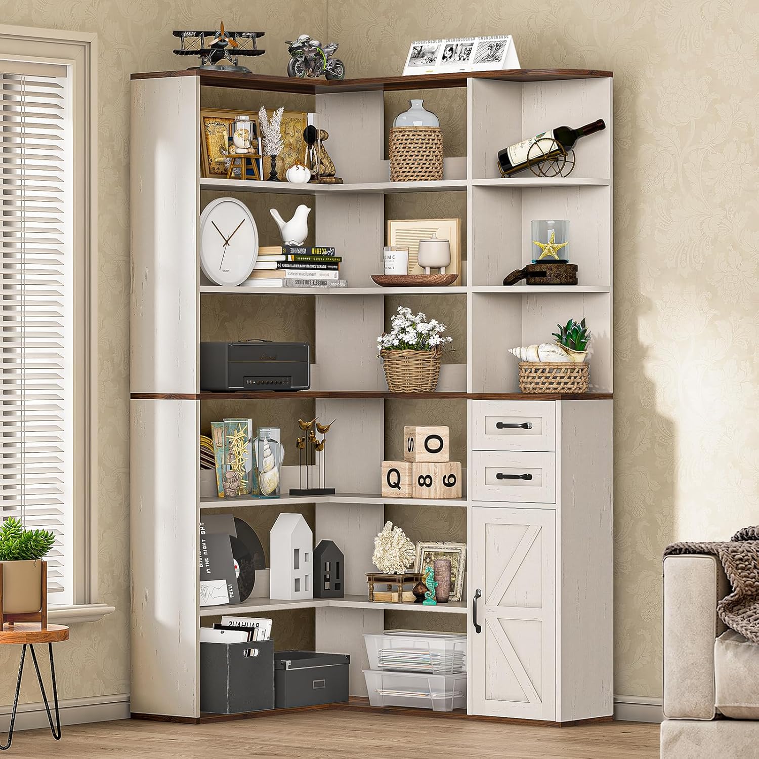 7-Shelf Farmhouse Corner Bookshelf with Lockers & Drawers, 71" L-Shaped ...