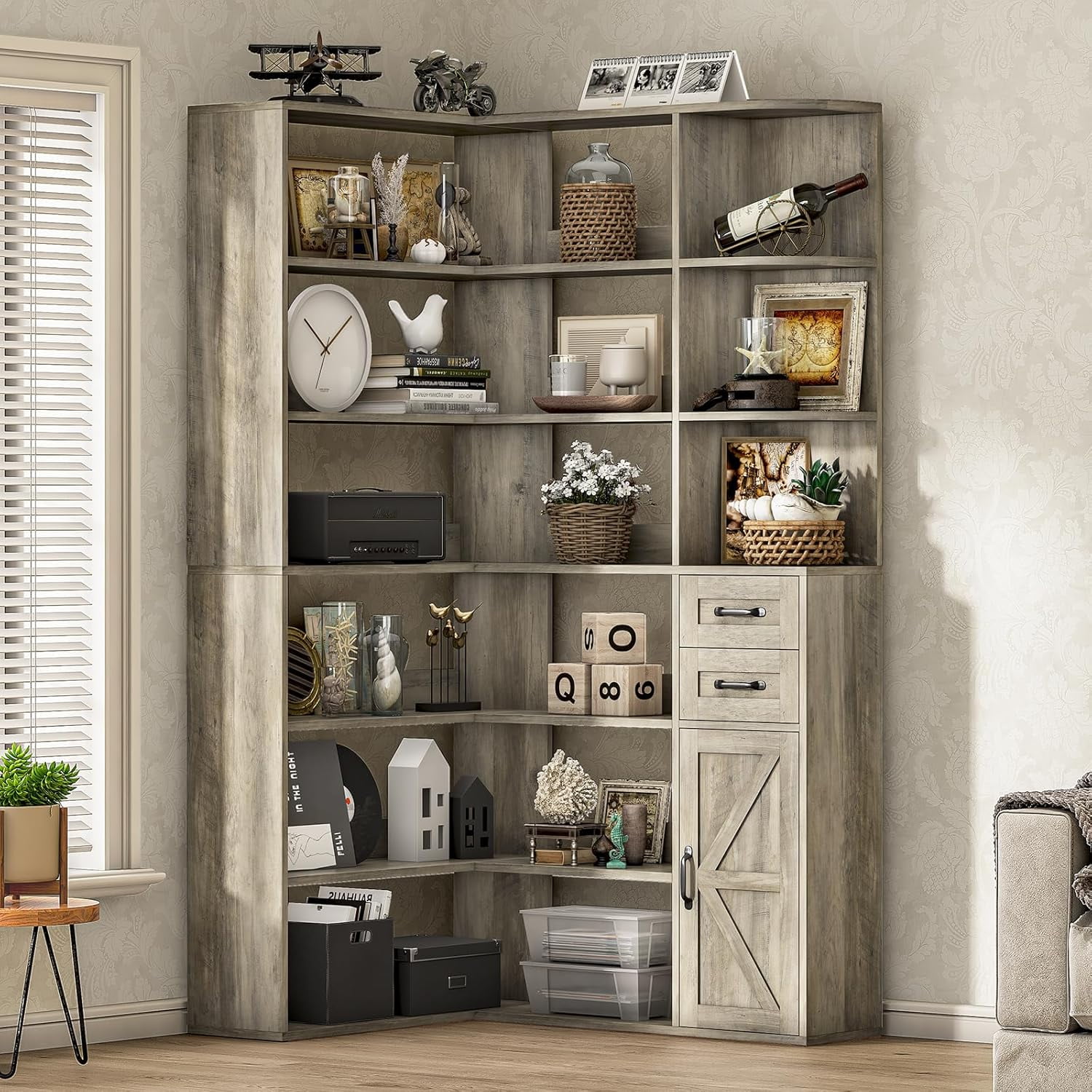 7-Shelf Farmhouse Corner Bookshelf with Lockers & Drawers, 71" L-Shaped ...
